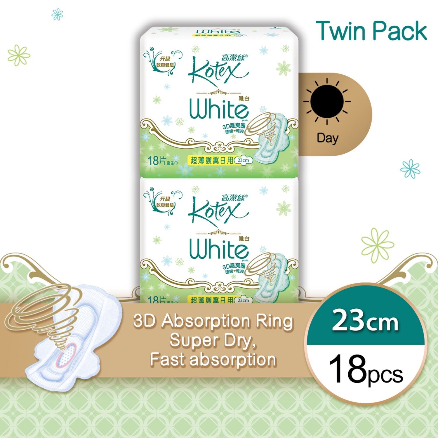 Kimberly-Clark Kotex - White Maxi Pads 23cm x2(Fast absorbing,Rapid-Dry, Extra Protection ...